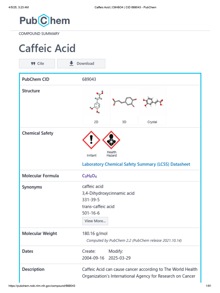 Caffeic Acid - C9H8O4 - CID 689043 - PubChem | PDF