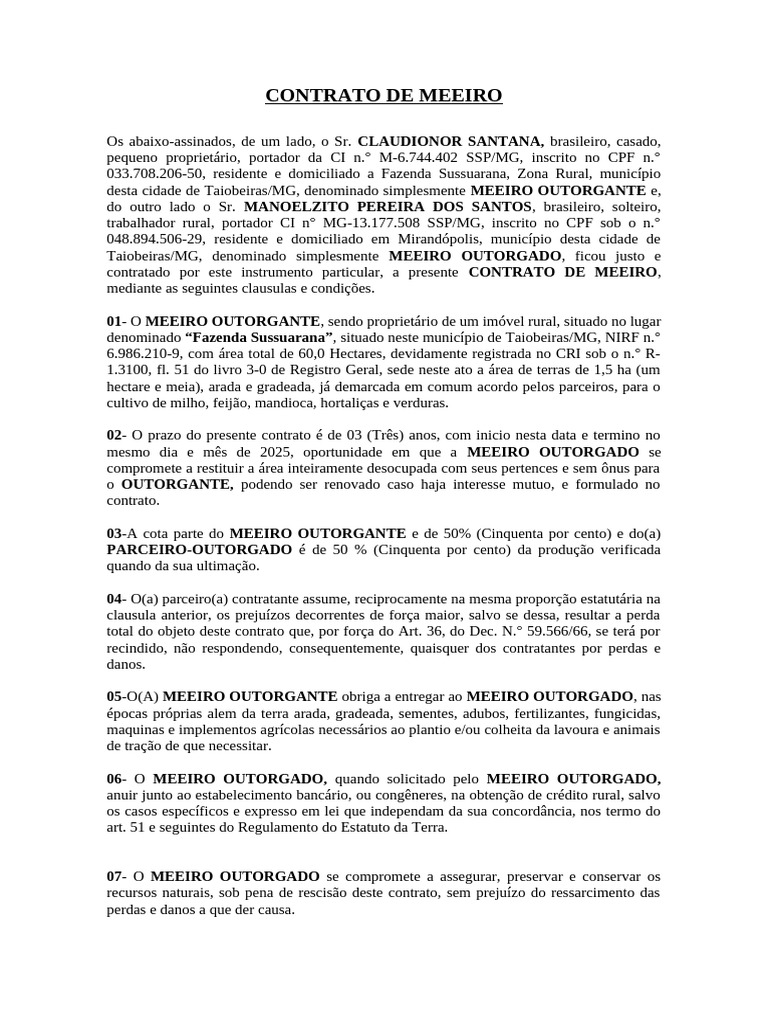 Contrato de Meeiro Rural em Taiobeiras | PDF
