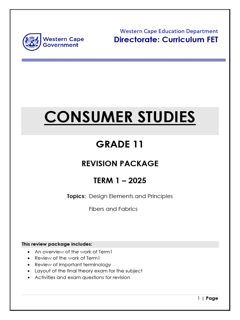 Consumer Studies Grade 11 Term 1 Revision Packet - 2025 | PDF | Color | Textiles