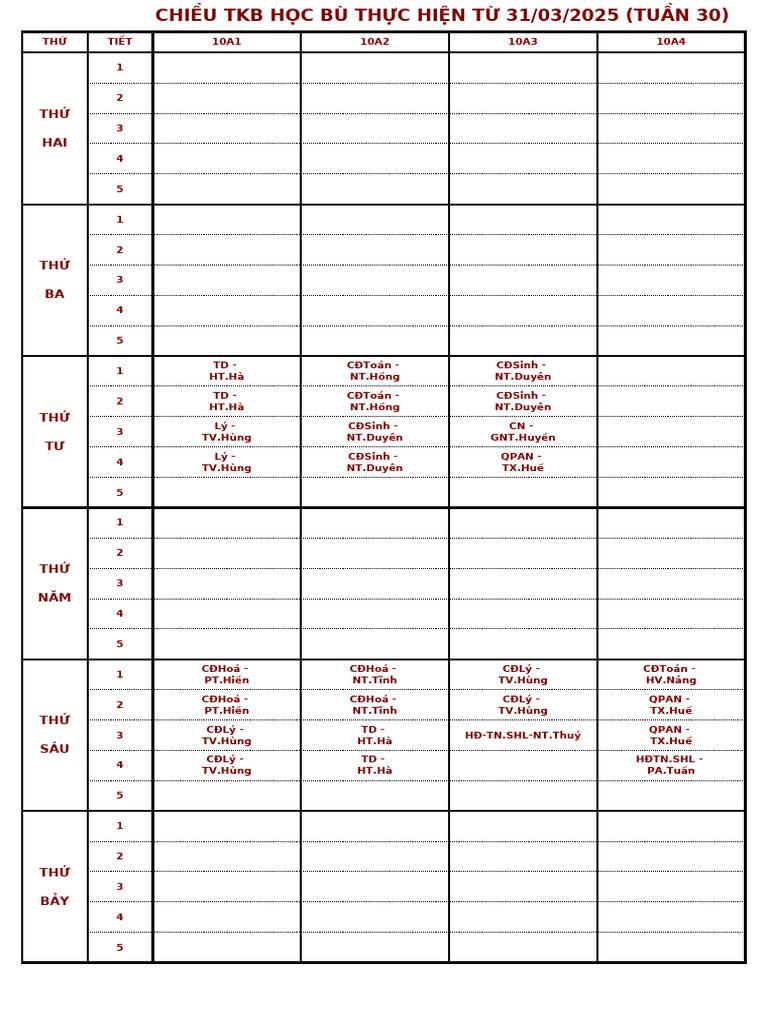 Chieu TKB - Bu 31.3.2025 Tuan 30 | PDF