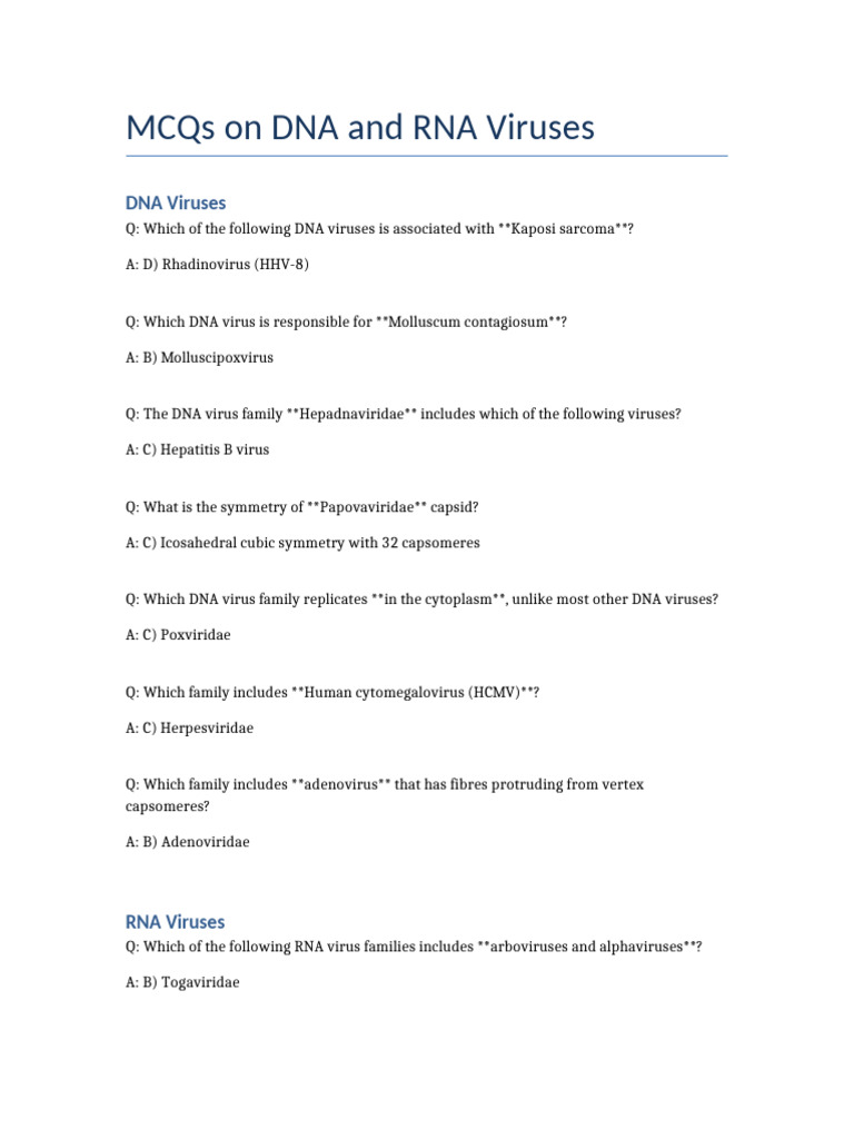 MCQs On DNA and RNA Viruses | PDF | Virus | Retrovirus