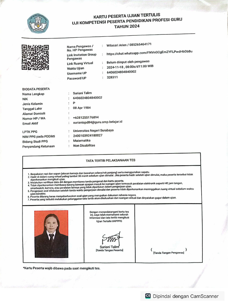 Kartu Ujian Tertulis Suriani | PDF