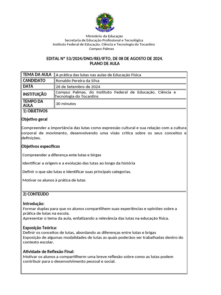 Modelo Plano de Aula Concurso Ifto 2024 | PDF | Educação Física | Science