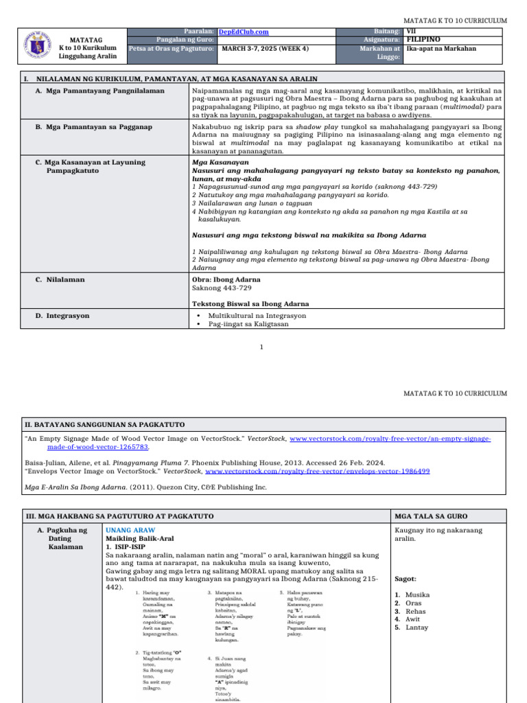 DLL Matatag - Filipino 7 q4 w4 | PDF