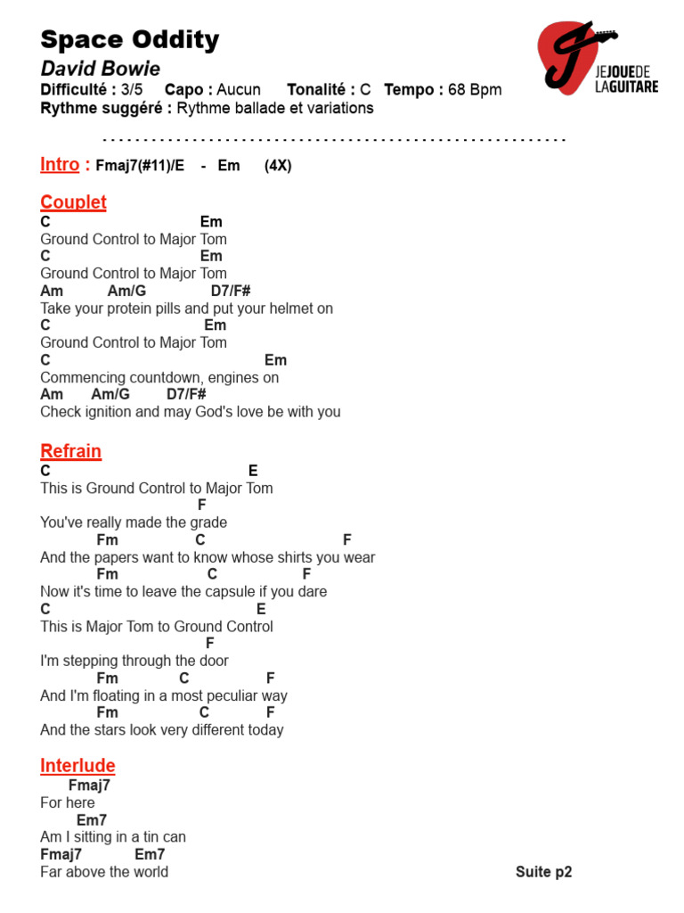 David Bowie - Space Oddity Partition Par JeJoueDeLaGuitare - Com | PDF