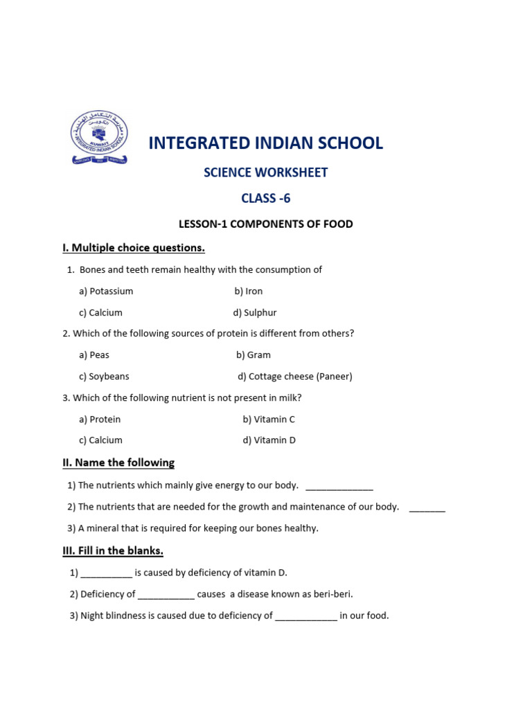 Class 6 Science Worksheet | PDF | Foods | Nutrients