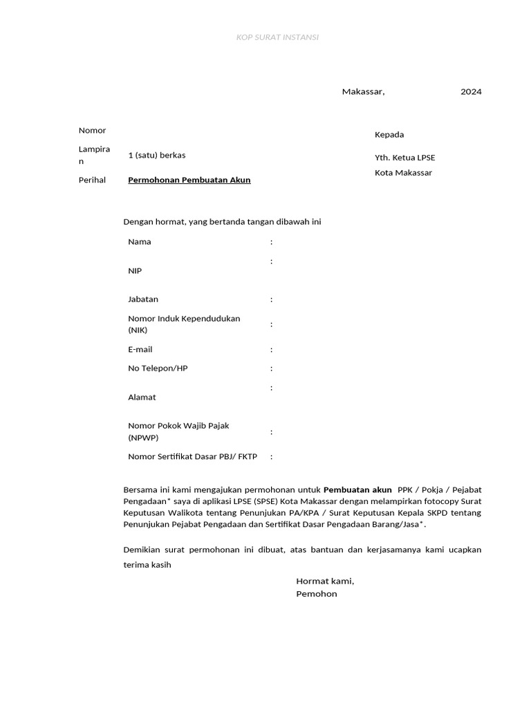 Surat PERMOHONAN AKUN SPSE | PDF