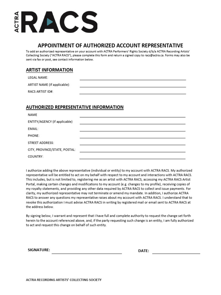 ACTRA RACS - Appointment of Authorized Representative | PDF