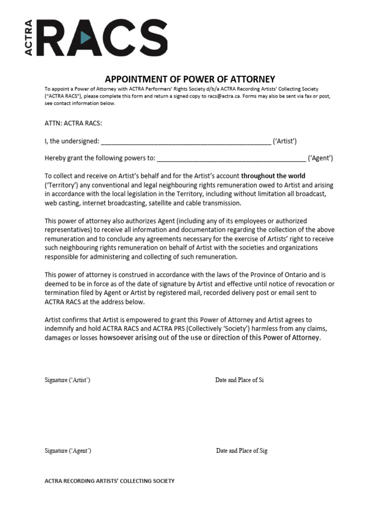 ACTRA RACS - Power Of Attorney Authorization | PDF | Power Of Attorney ...