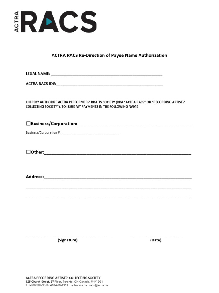 ACTRA RACS - Re-Direction of Payee Name Authorization | PDF