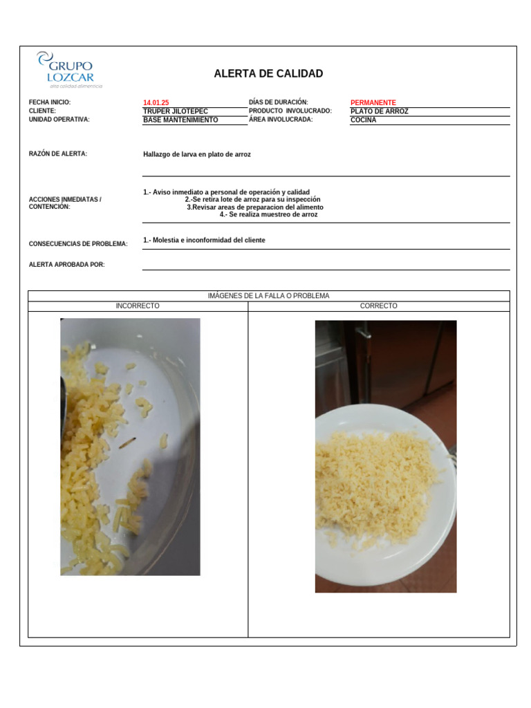 Alerta de Calidad: Larva en Plato de Arroz | PDF