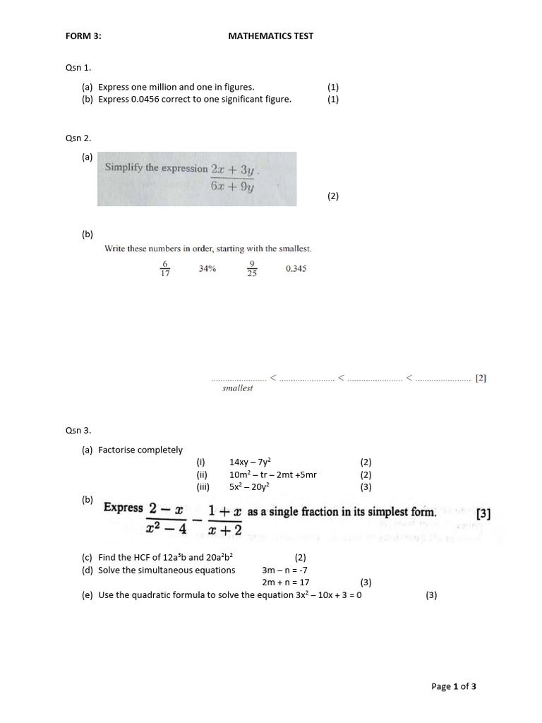 Form 3 Mathematics Test Questions | PDF