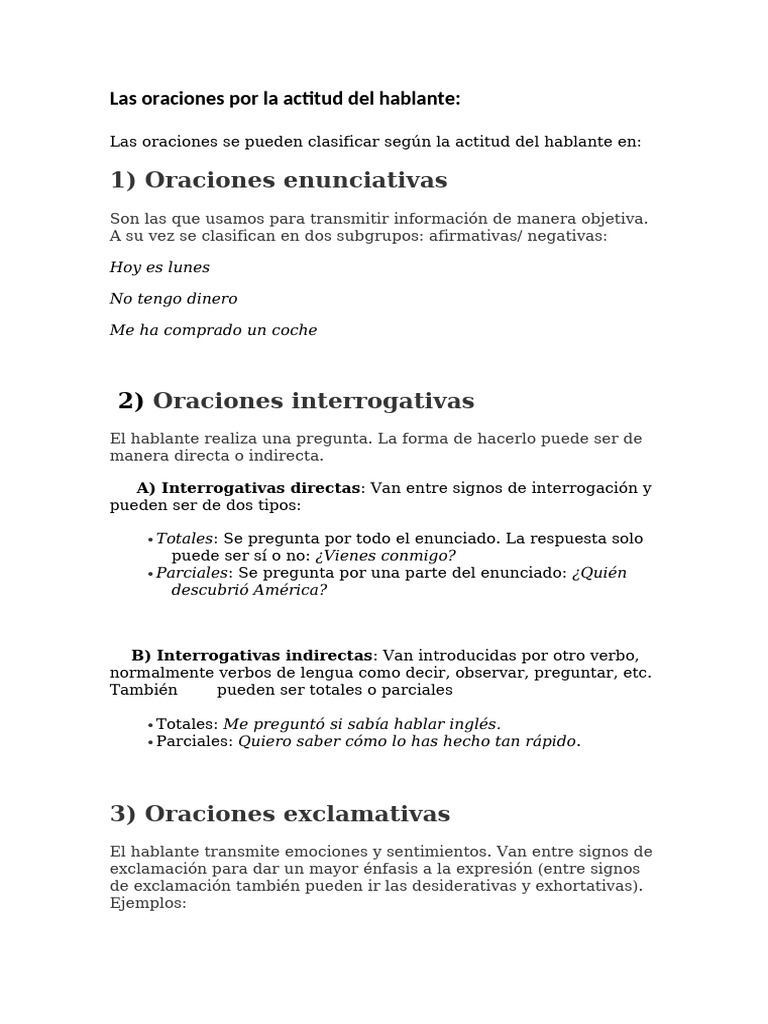 Las Oraciones Por La Actitud Del Hablante | PDF