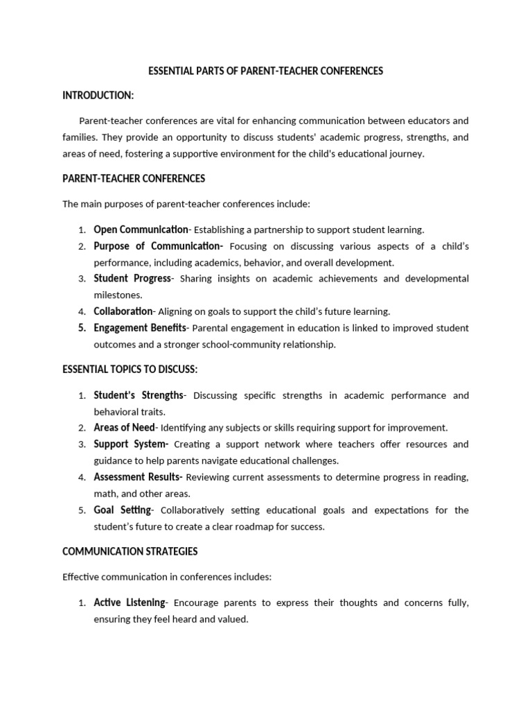 ESSENTIAL PARTS OF PARENT TEACHER CONFERENCES - Topic Outline | PDF ...