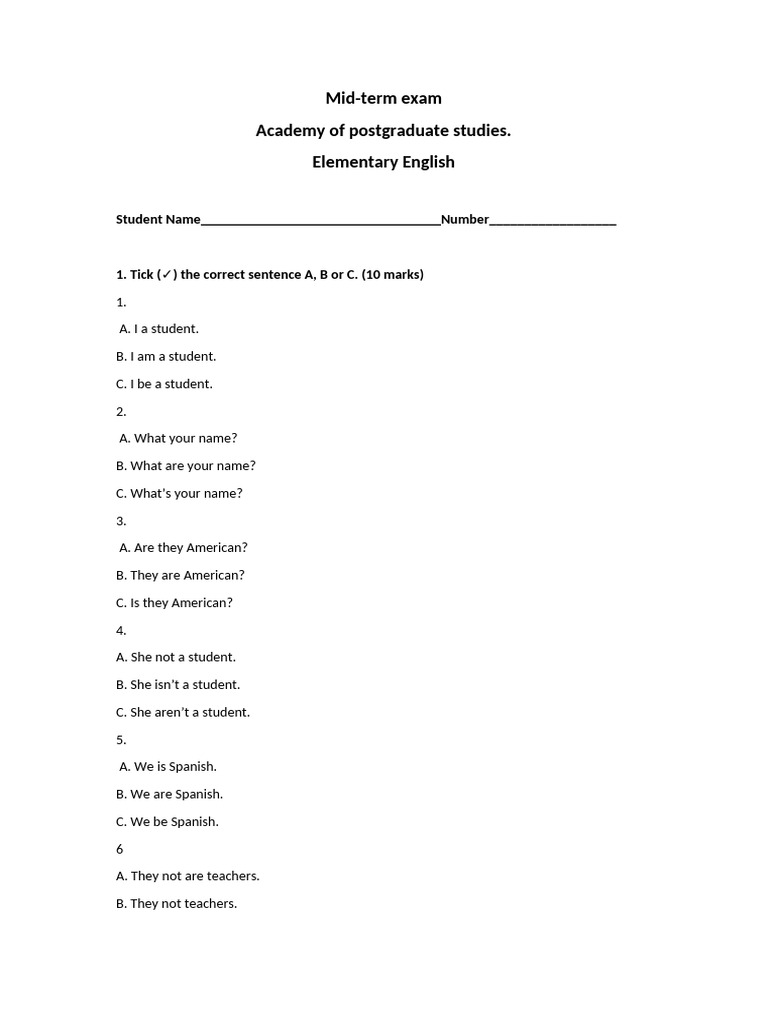 Mid-Term Exam: Elementary English Test | PDF
