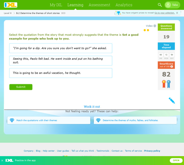 IXL Determine the themes of short stories Level H language arts | PDF