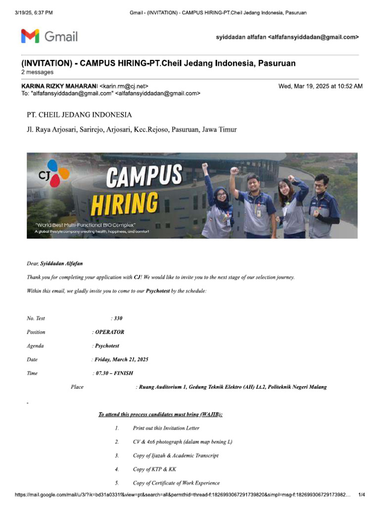 Gmail - (Invitation) - Campus Hiring-Pt - Cheil Jedang Indonesia ...