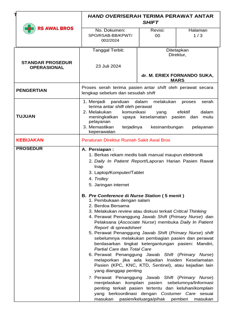 002 Spo Handover Antar Shif | PDF