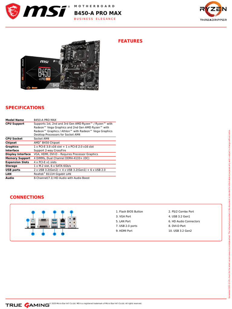 MSI B450-A Pro Max Mobo Overview | PDF | Usb | Computer Hardware