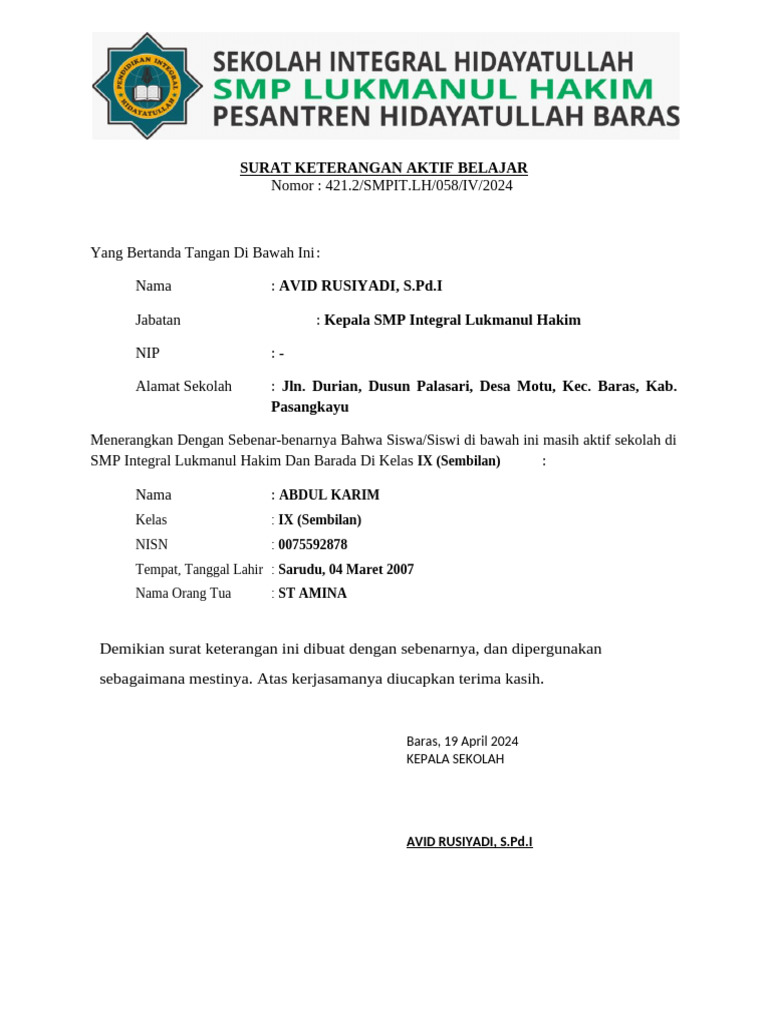Surat Keterangan Aktif Siswa PIP | PDF