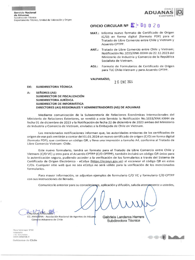 OFICIO CIRCULAR 20-26.01.2024 Certificado Origen Chile-Vietnam | PDF