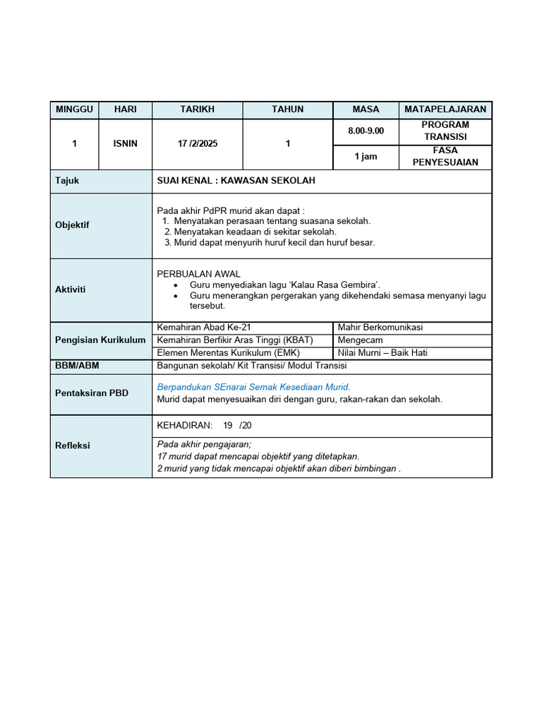 RPH Transisi Tahun 1 2025 | PDF