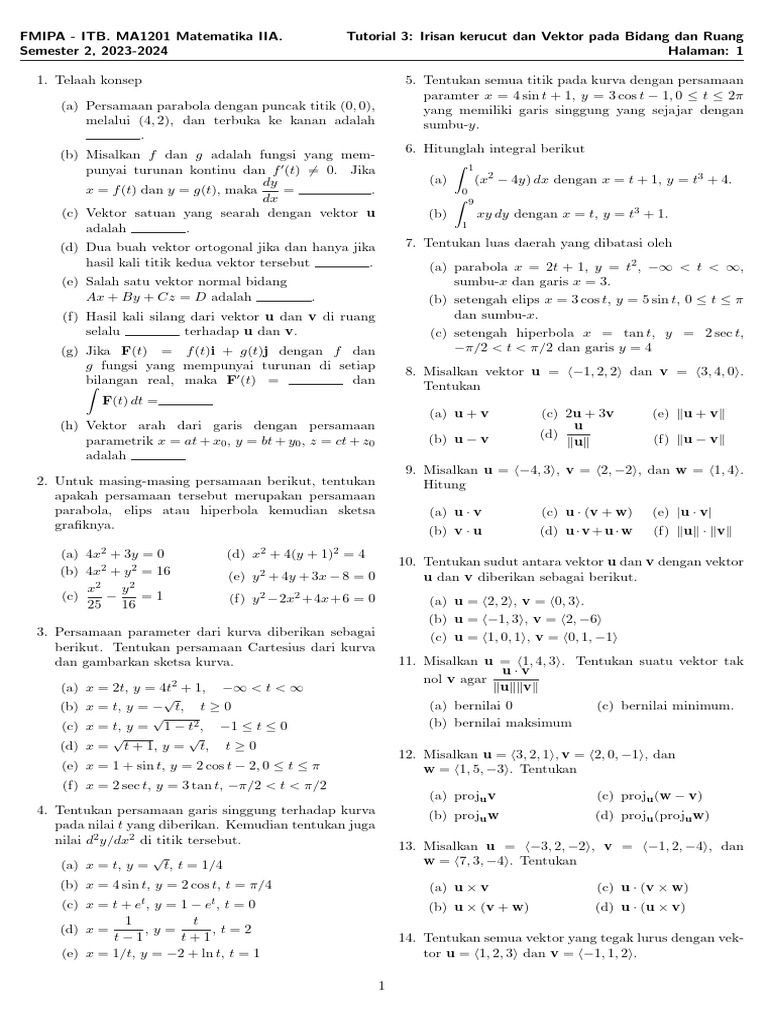 Tutorial Matematika IIA: Irisan Kerucut & Vektor | PDF