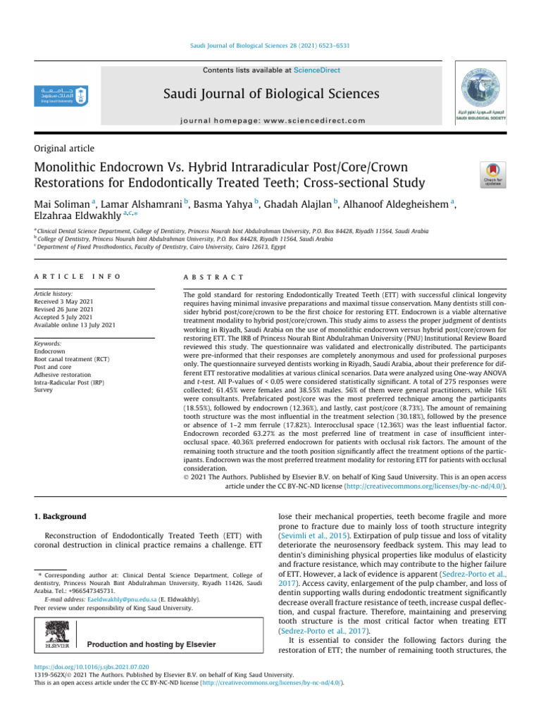 Monolithic Endocrown vs. Hybrid Intraradicular PostCoreCrown | PDF ...