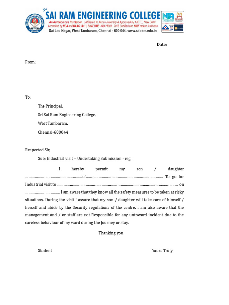 Industrial Visit Permission Undertaking | PDF