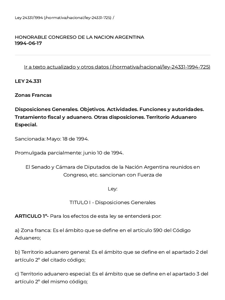 Zonas Francas - Ley 24331 | PDF | aduana | El comercio internacional