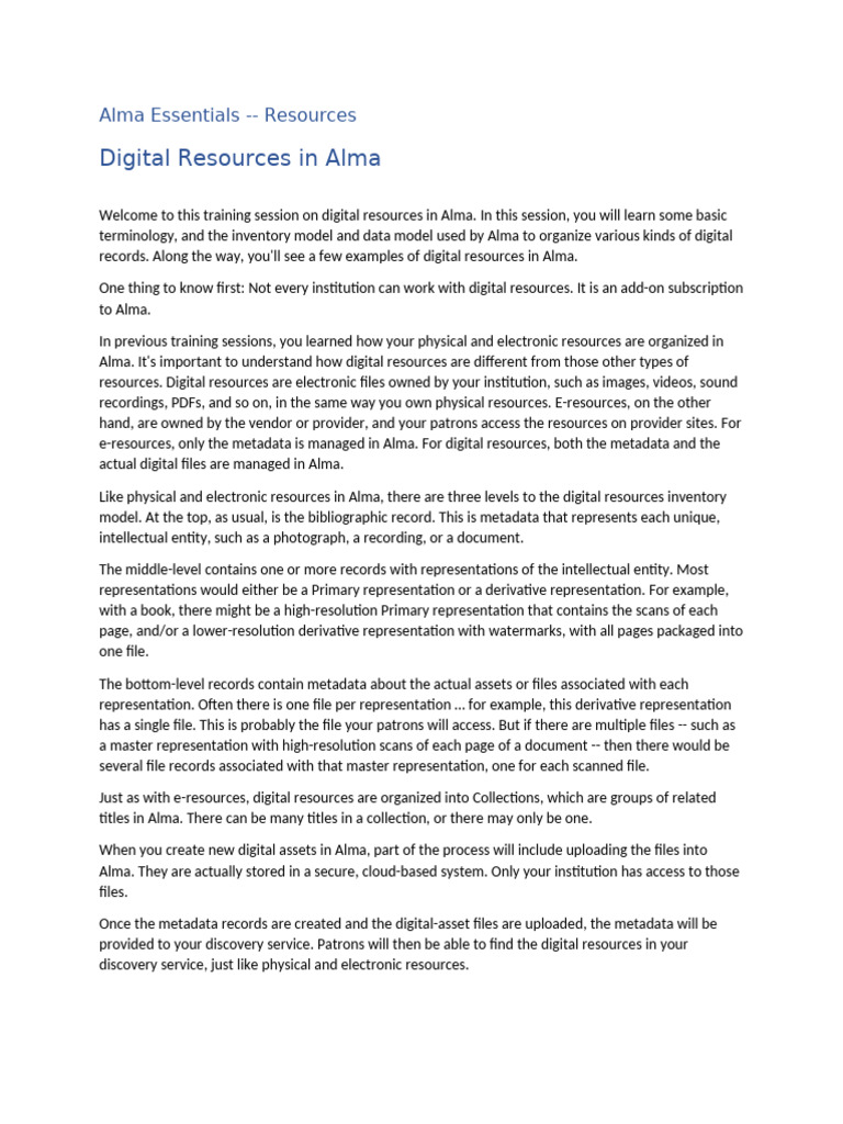 Digital Resources Management in Alma | PDF | Metadata | Information ...