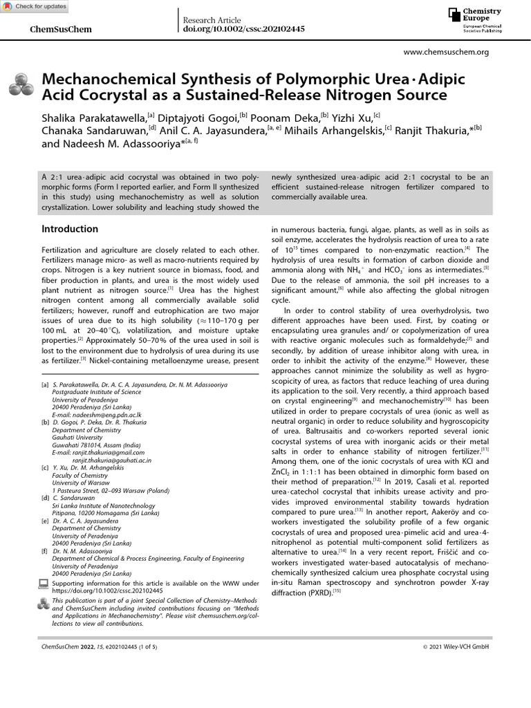ChemSusChem - 2021 - Parakatawella - Mechanochemical Synthesis of Polymorphic Urea Adipic Acid ...