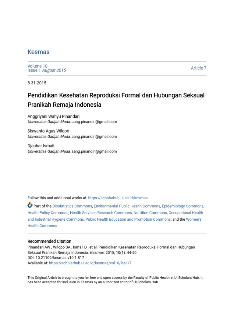 Pendidikan Kesehatan Reproduksi Formal Dan Hubungan Seksual Prani | PDF