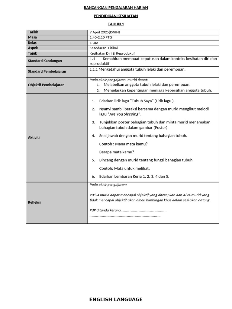 Rancangan Pengajaran Pendidikan Kesihatan | PDF | Phoneme | Lesson Plan