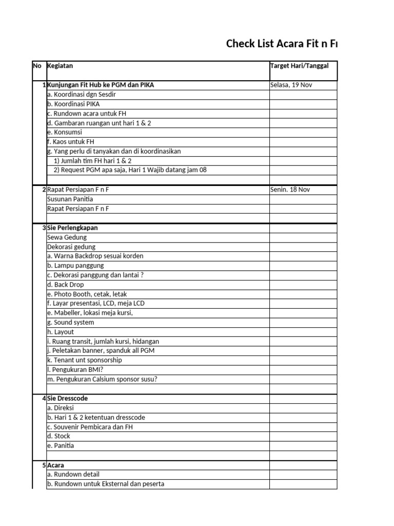 Checklist Acara Fit n Fresh 2023 | PDF