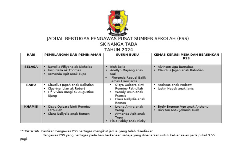 Jadual Tugas Pengawas Pss 2024 Pdf