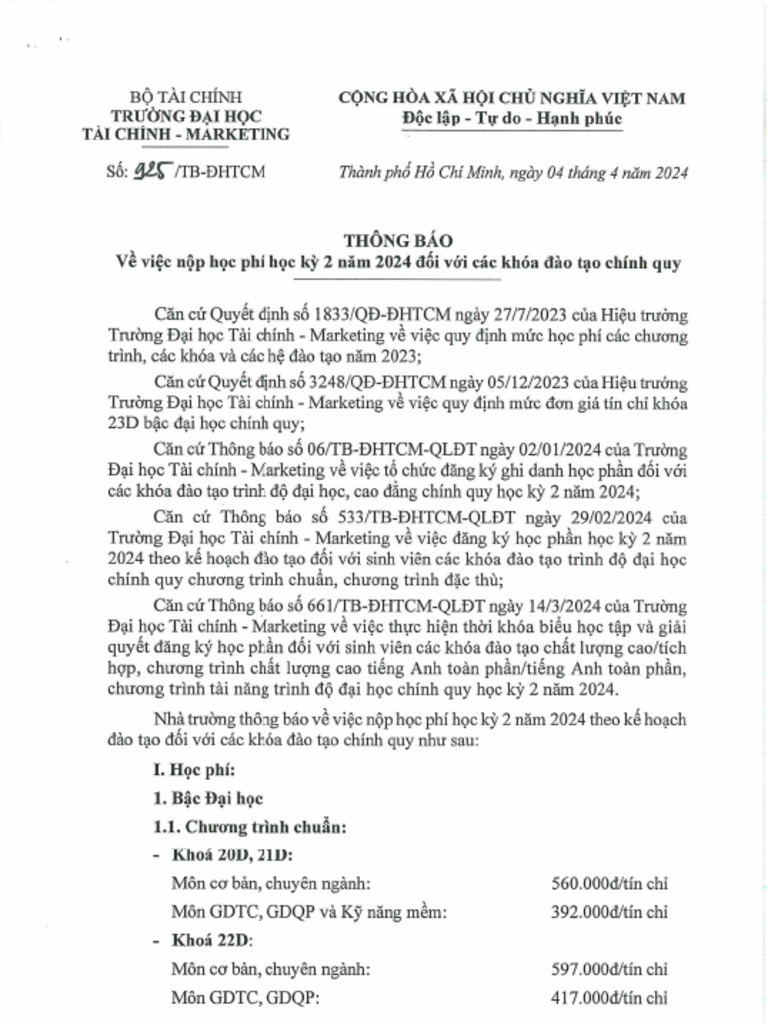 Thông báo 925 v.v nộp học phí HK2 năm 2024 chính quy (04.4.2024) | PDF