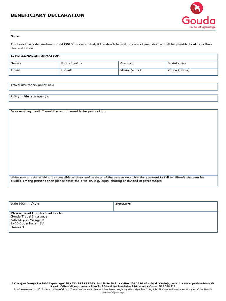 Beneficiary Declaration for Gouda Insurance | PDF