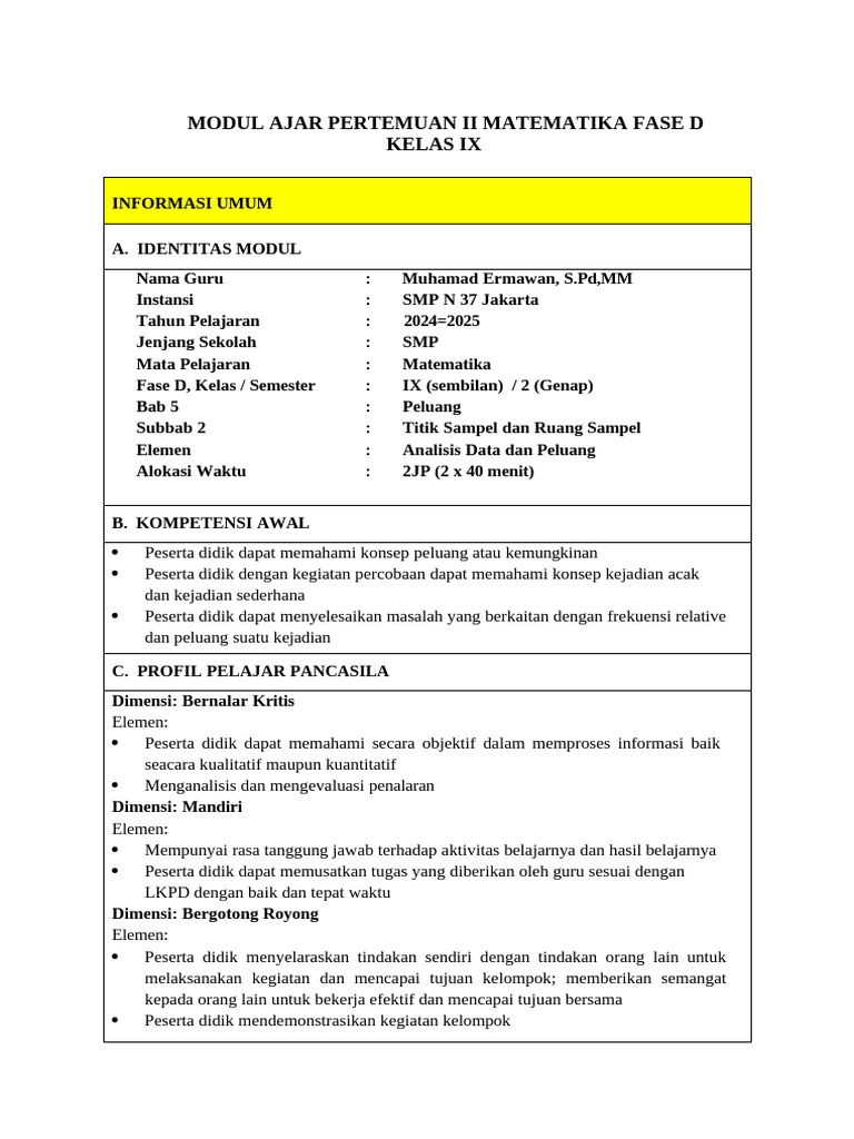 Modulajar Peluang Kls 9 | PDF