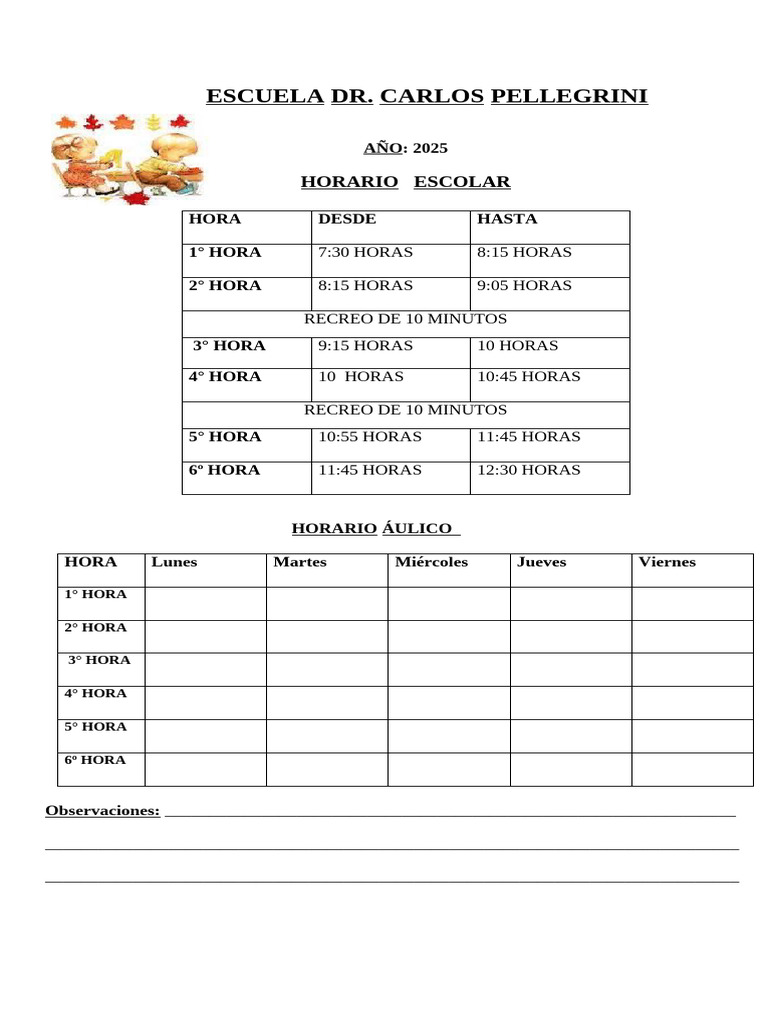 Horario Escolar 2025 - Escuela Pellegrini | PDF