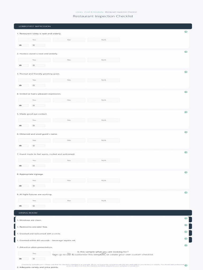GoAudits - Restaurant Inspection Checklist (Sample) | PDF