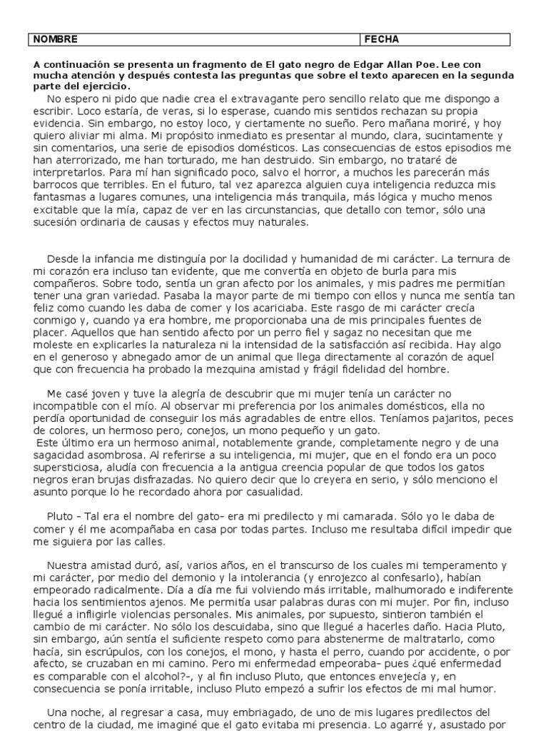 Actividad Compr Lectora El Gato Negro | PDF | Gatos | Edgar Allan Poe