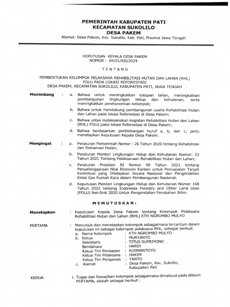 Surat Keputusan Pembentukan KTH Ngrombo Mulyo | PDF