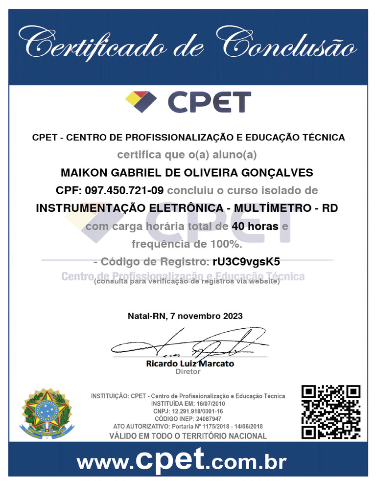 Instrumentação Eletrônica - Multímetro - Certificado de Conclusão | PDF