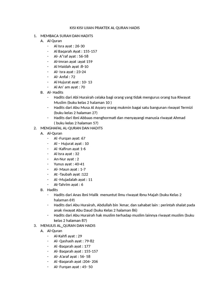 Kisi Kisi Ujian Praktek Al Quran Hadis 2024-2025 | PDF