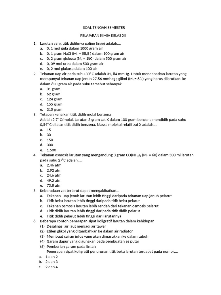 Soal Tengah Semester Kimia Kelas Xii | PDF