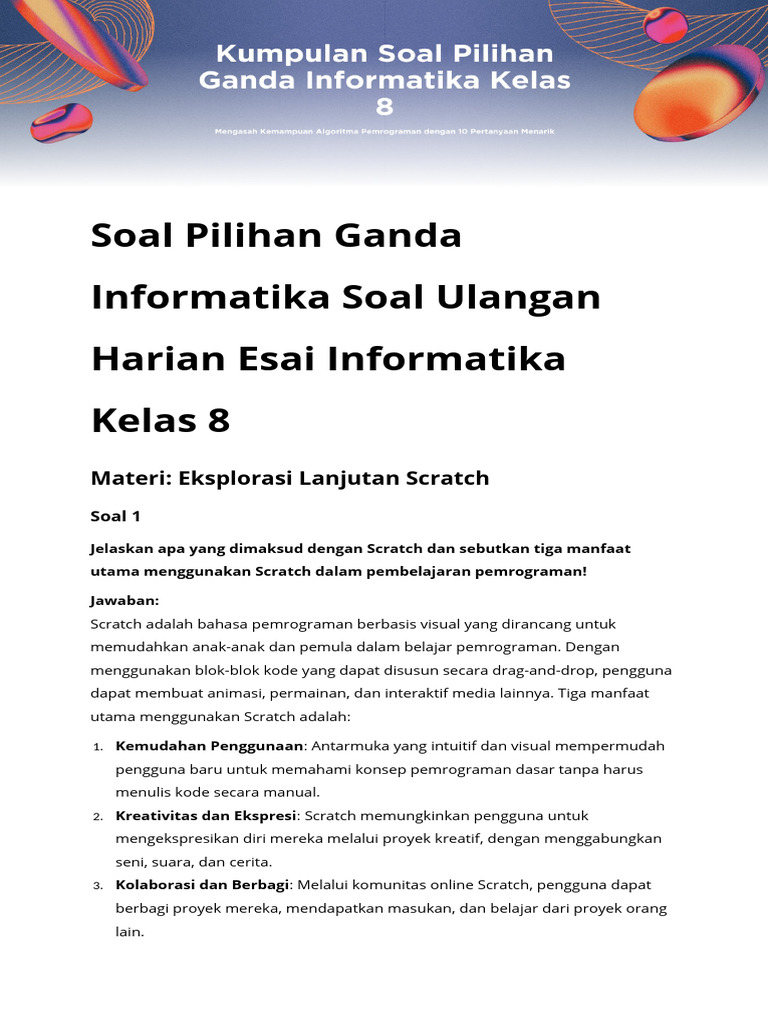 Soal Pilihan Ganda Informatika Kelas 8 Algoritma Pemrograman | PDF