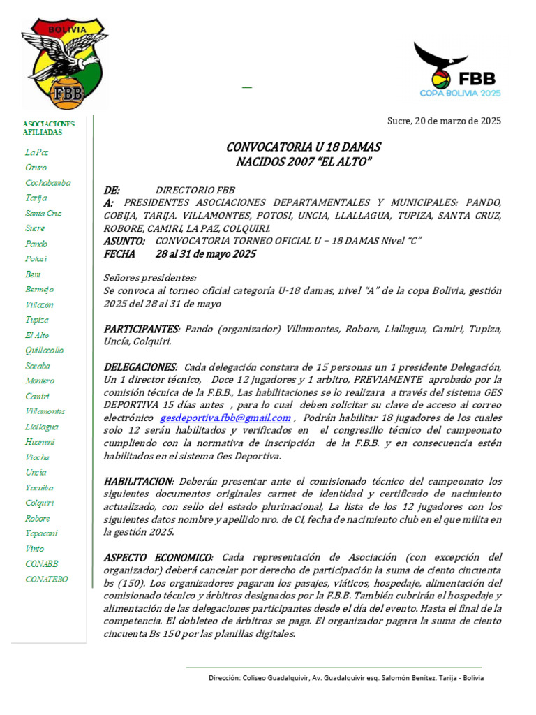 Nivel C Sede Pando U - 18 Damas | PDF | Bolivia