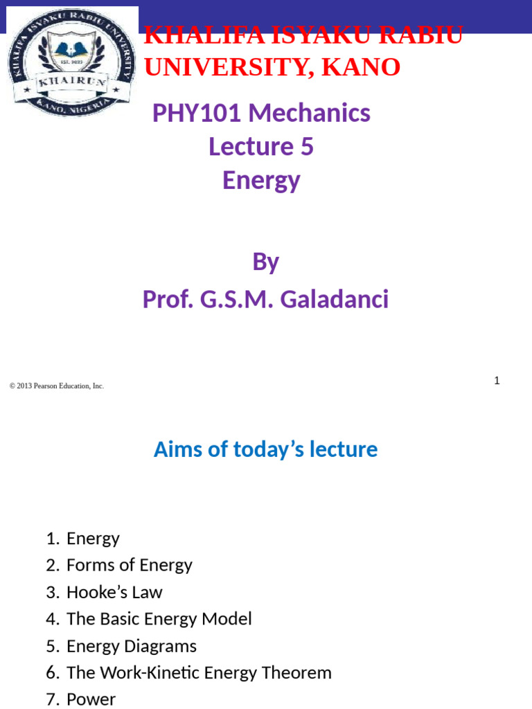 PHY101 Mechanics Lecture Five (Energy and Power) - 021753 | PDF | Force | Potential Energy
