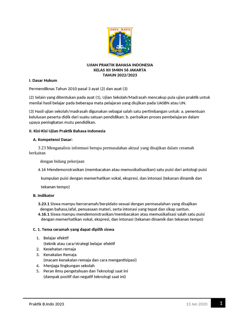 Kisi-Kisi Ujian Praktik B. Indonesia 2023 | PDF